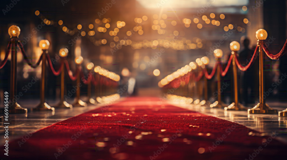 Red carpet rolling out in front of glamorous movie premiere background ...