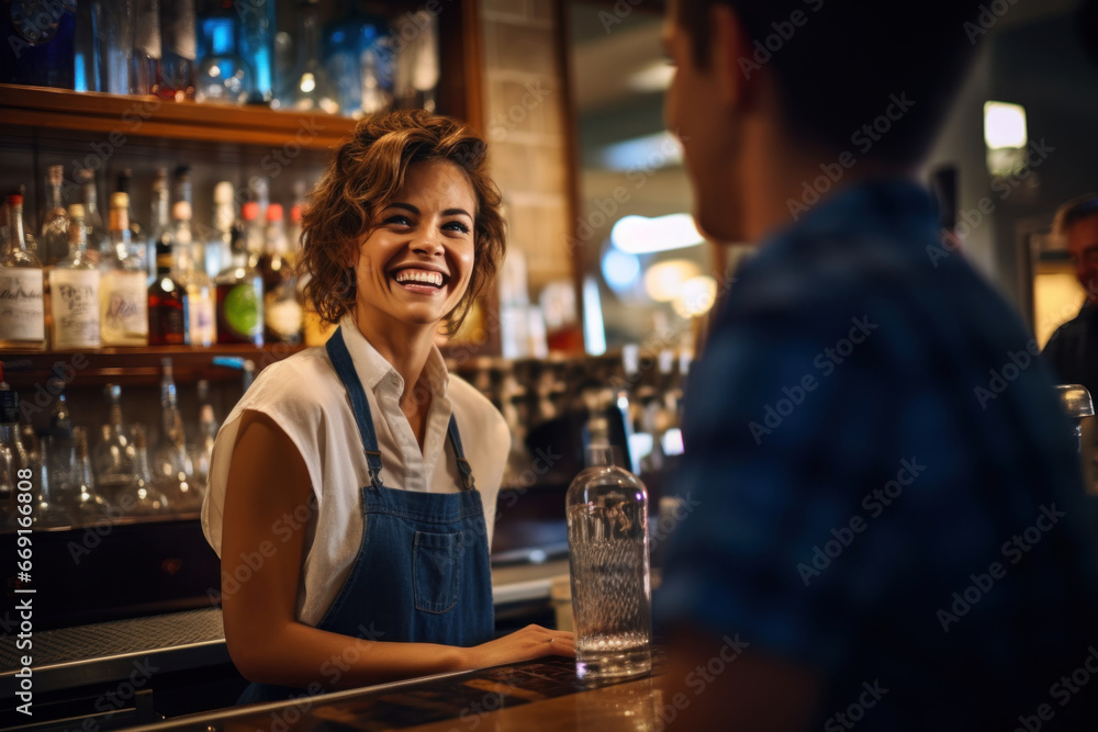A friendly, smiling female bartender converses with a customer behind ...
