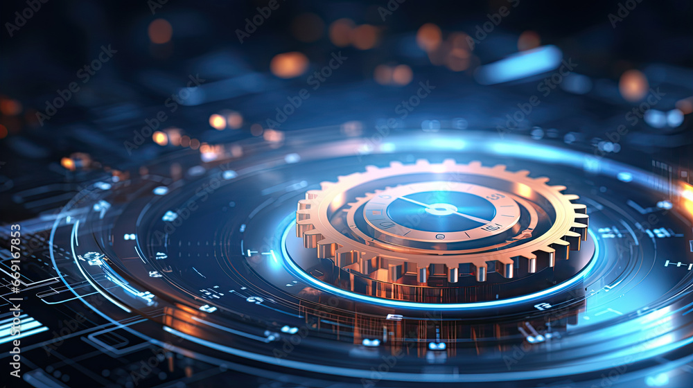 Gears icon on a digital display with reflection. Concept of business process workflow ...