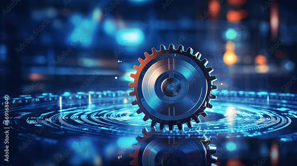 Gears icon on a digital display with reflection. Concept of business ...