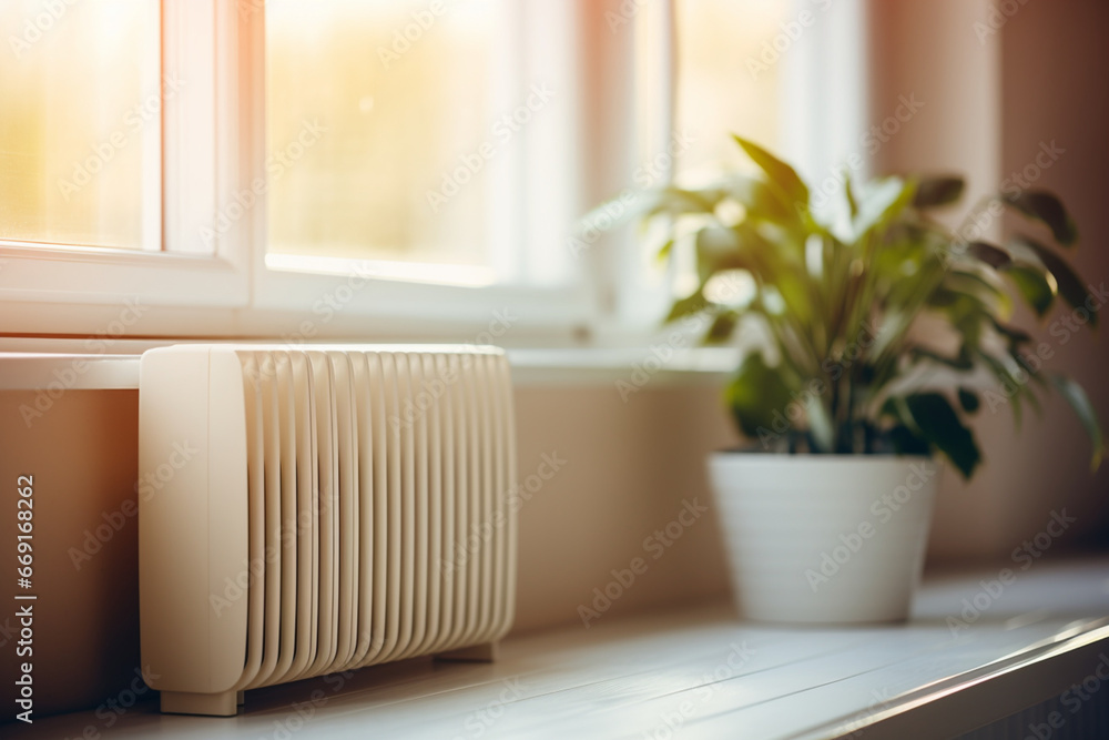 Beautiful houseplant on window sill and modern radiator at home ...