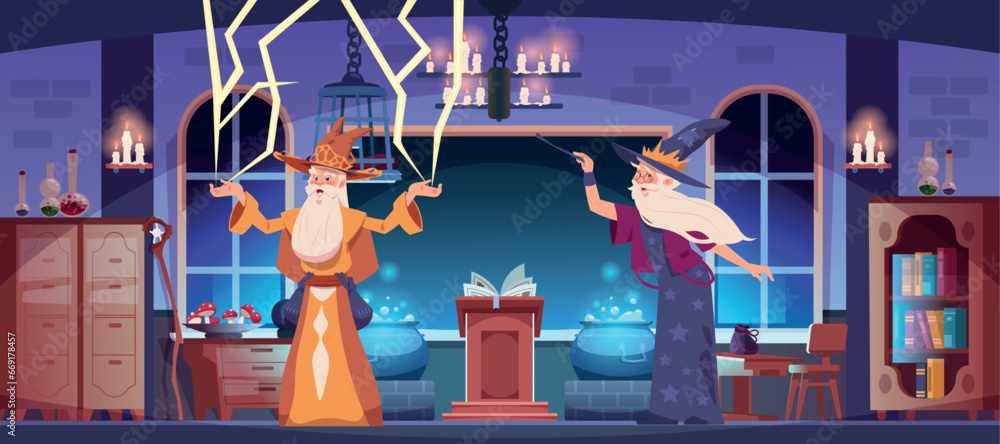 Magic school. Magician classroom interior with potion, spell book or ...