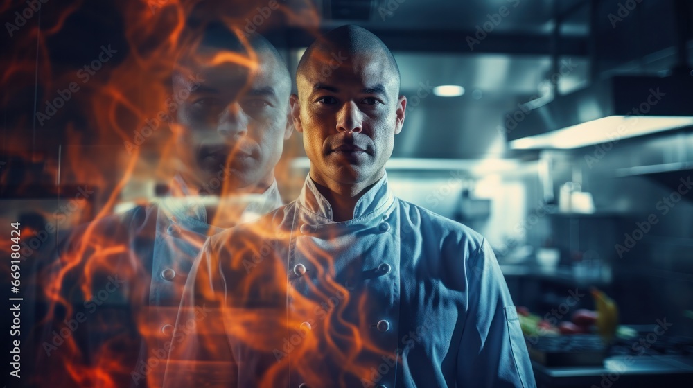 Double exposure photography of close up chef and the kitchen, sunset ...