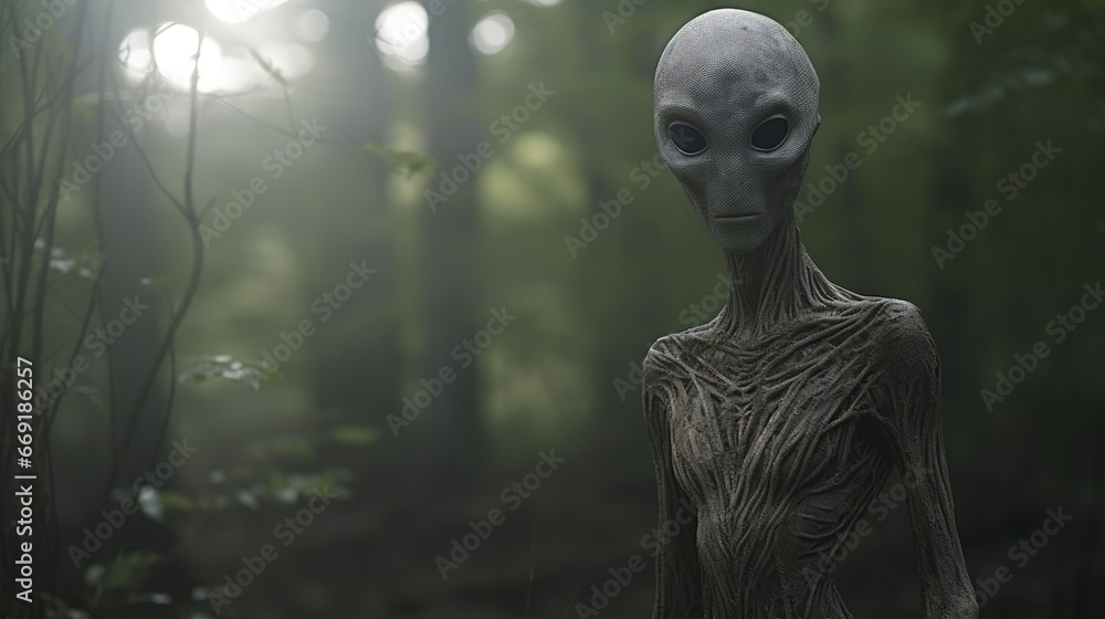 A scary alien lurking in the distance behind the trees, created using ...
