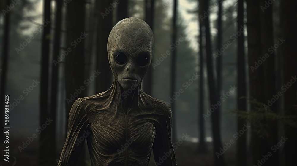 A scary alien lurking in the distance behind the trees, created using ...