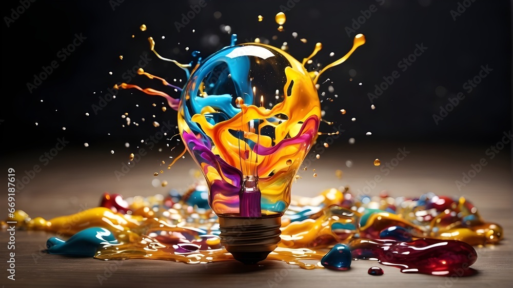 Creative design of an exploded light bulb with colorful colors got out ...
