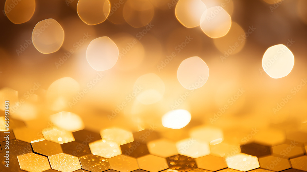 Gold hexagonal background, bokeh, honeycomb, blurred hex background, light with hexagonal shapes ...