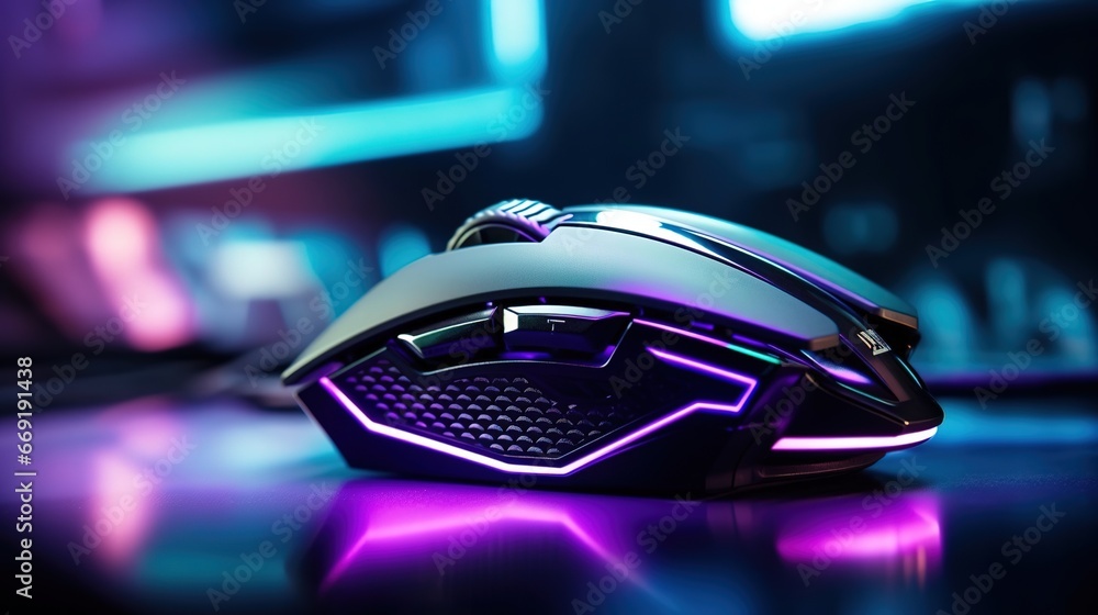 A wireless gaming mouse with color illumination on a glass tabletop ...