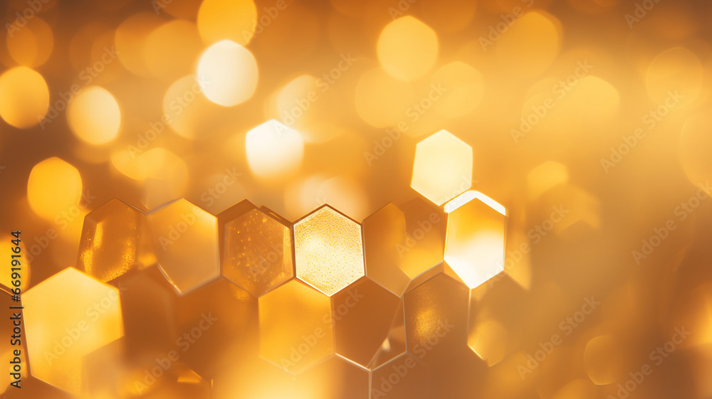 Gold hexagonal background, bokeh, honeycomb, blurred hex background, light with hexagonal shapes ...