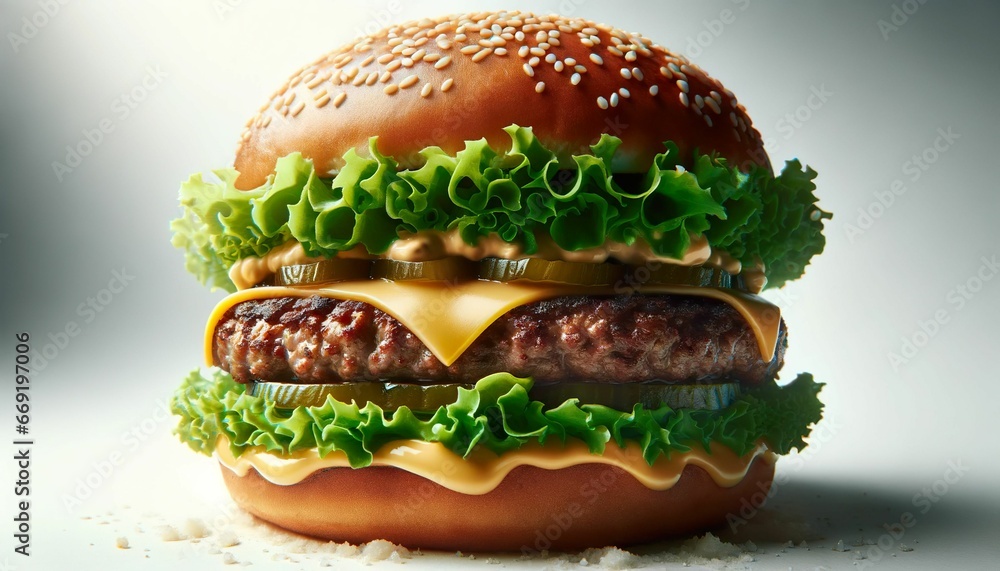 AI illustration of a freshly prepared hamburger on a light-colored bun ...