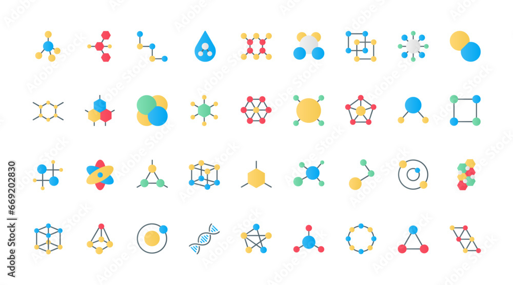Molecules models flat icons set vector illustration. Symbols of ...