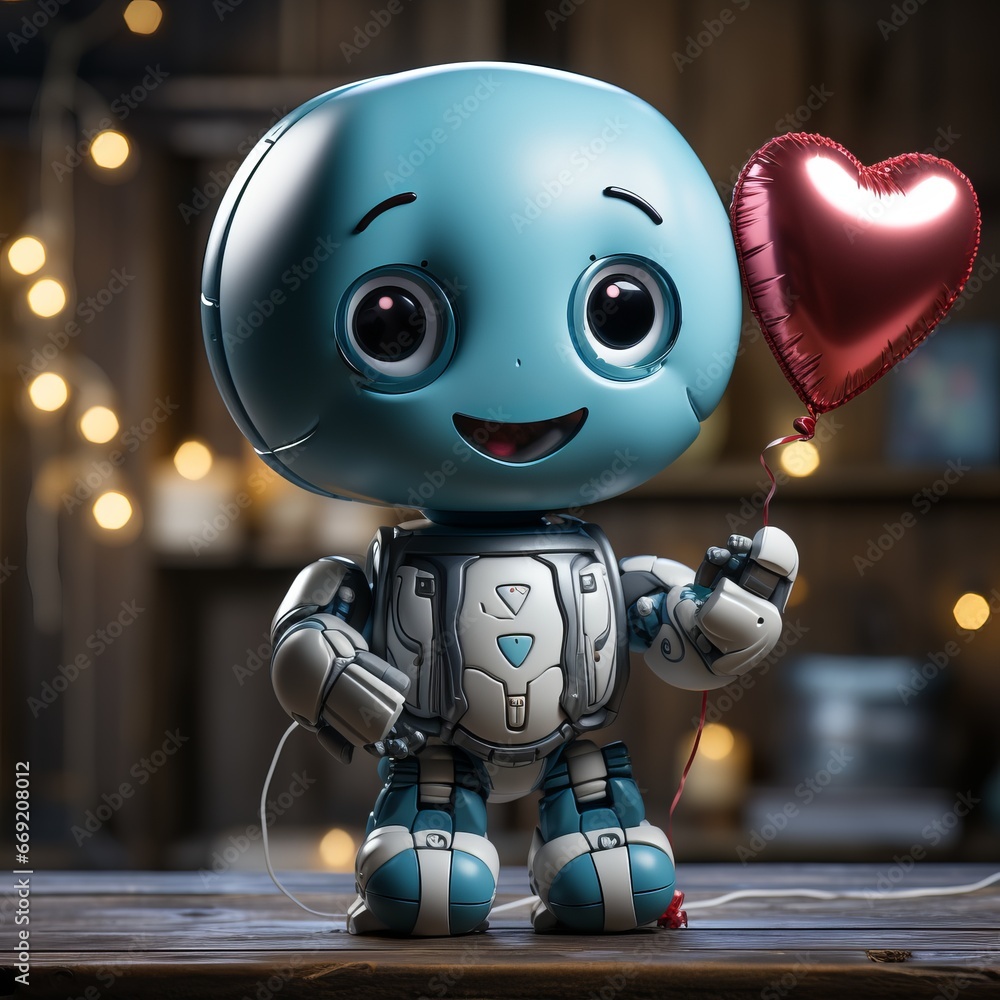 Cute cartoon robot holding a balloon. Love from artificial intelligence ...