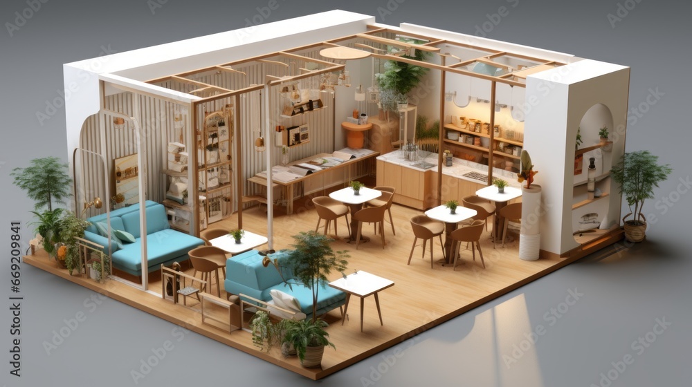 floor plan 3d design for small cafe with visible window seats Stock ...