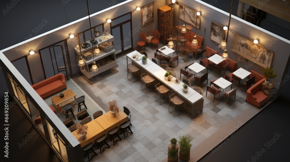 floor plan 3d design for small cafe with visible window seats Stock ...