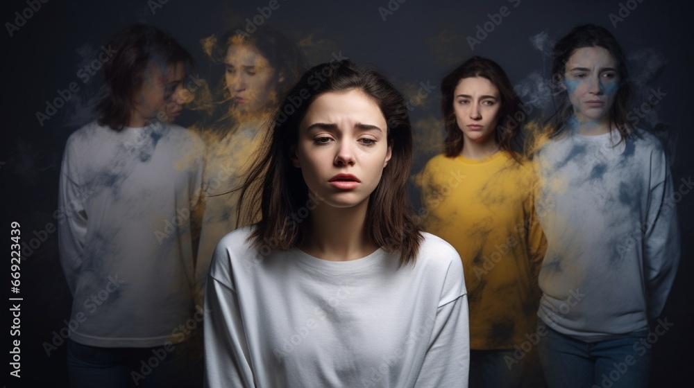 Young woman suffer split emotions into five different inner ...