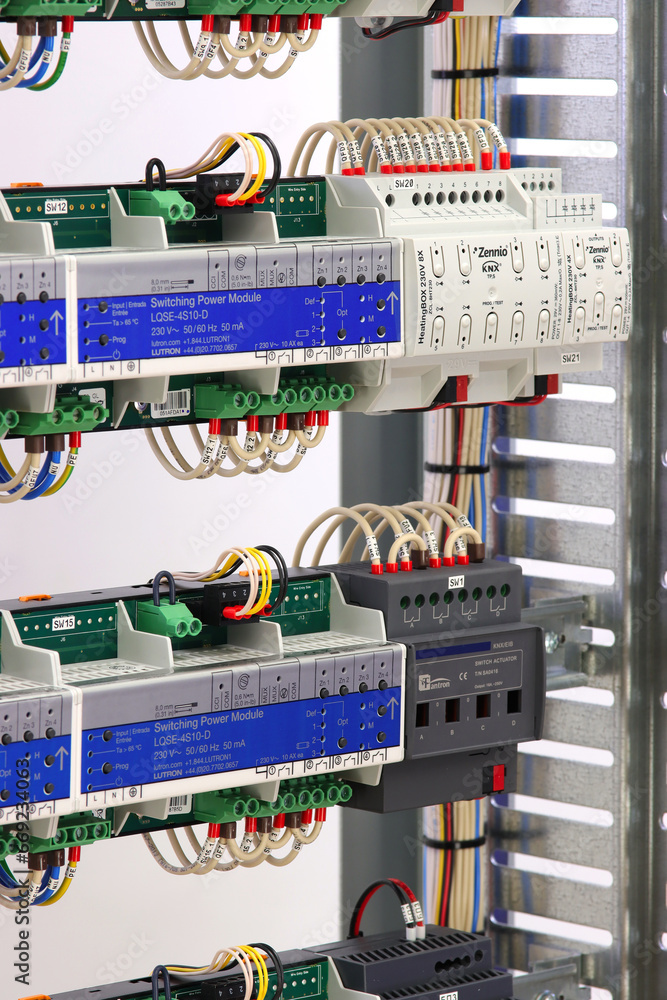 Lutron, Tantron automation modules in an electrical switchboard. Stock ...