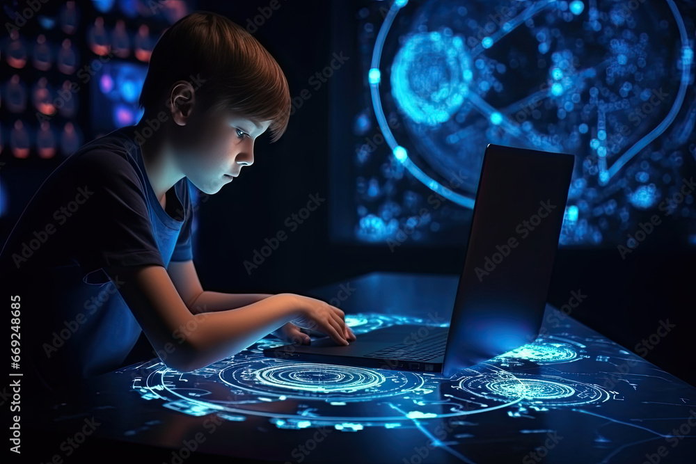 child, boy, student research online, browsing websites, reading ...