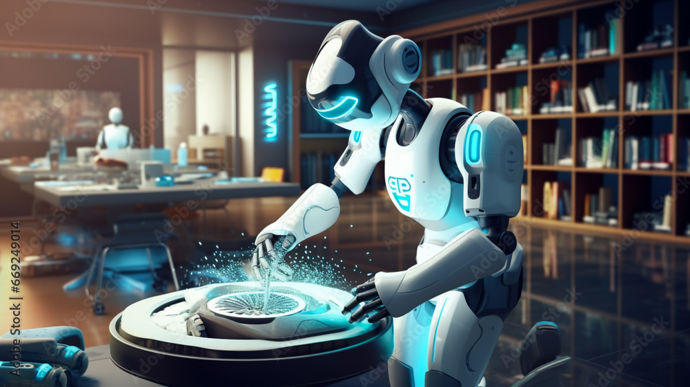 Robot cleans big room, office or laboratory. Professional robot cleaner ...