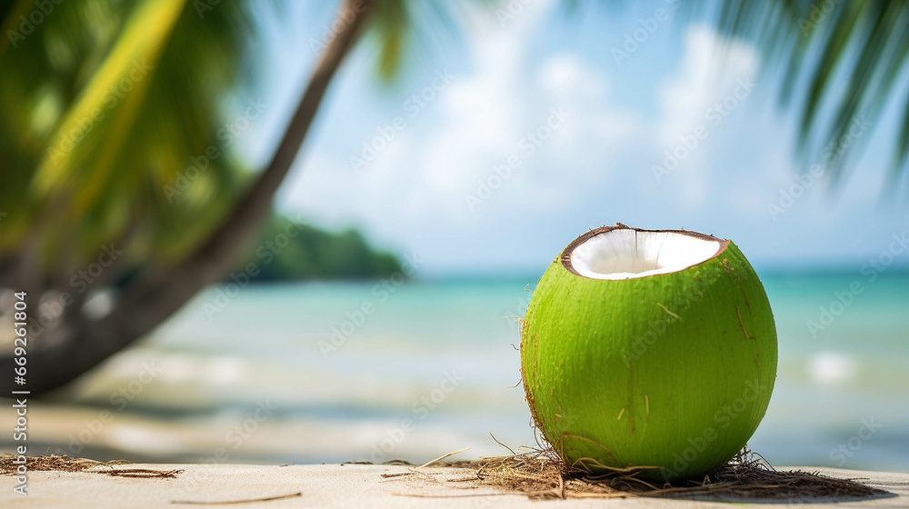 Green coconut water with a blurred beach background Stock Illustration ...
