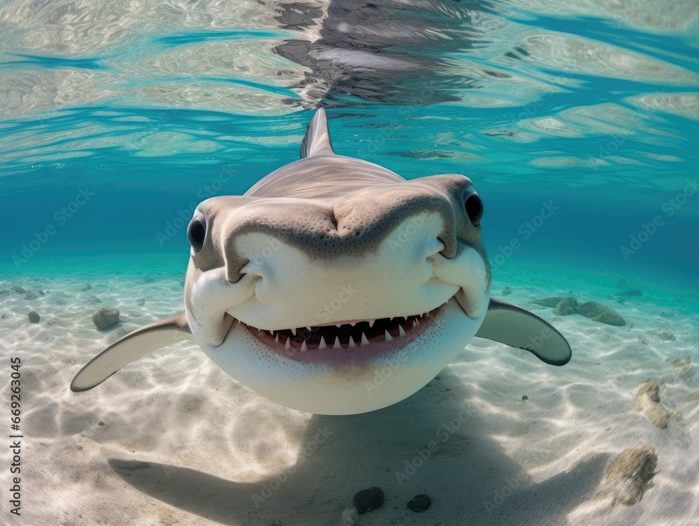 A shark swimming in the water column. A large predatory fish swimming ...