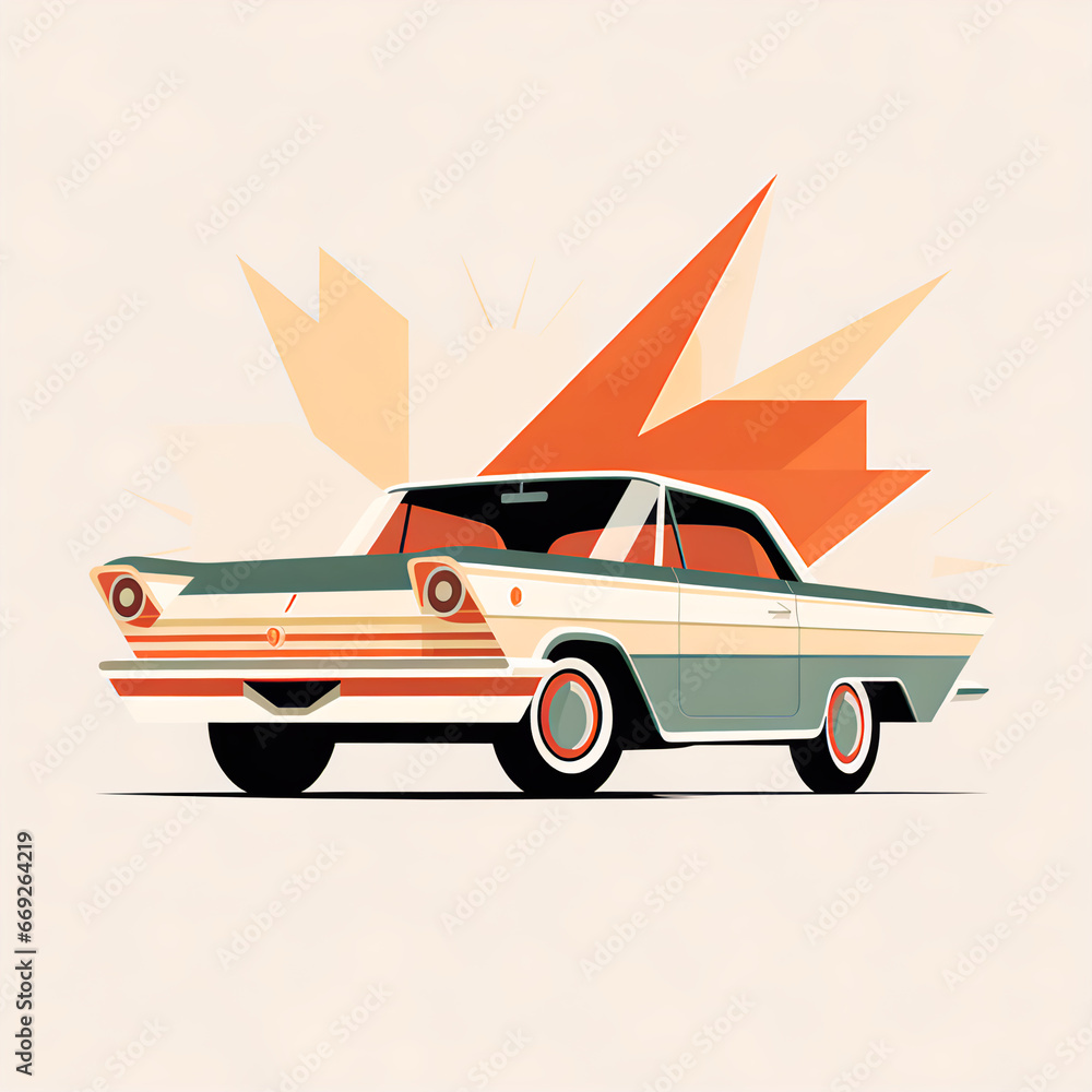 Mid-Century Modern Car Illustration with Flat Colors and Geometric ...