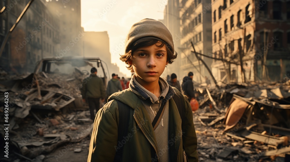 Little boy with school bag tries to go to school but the school is ...