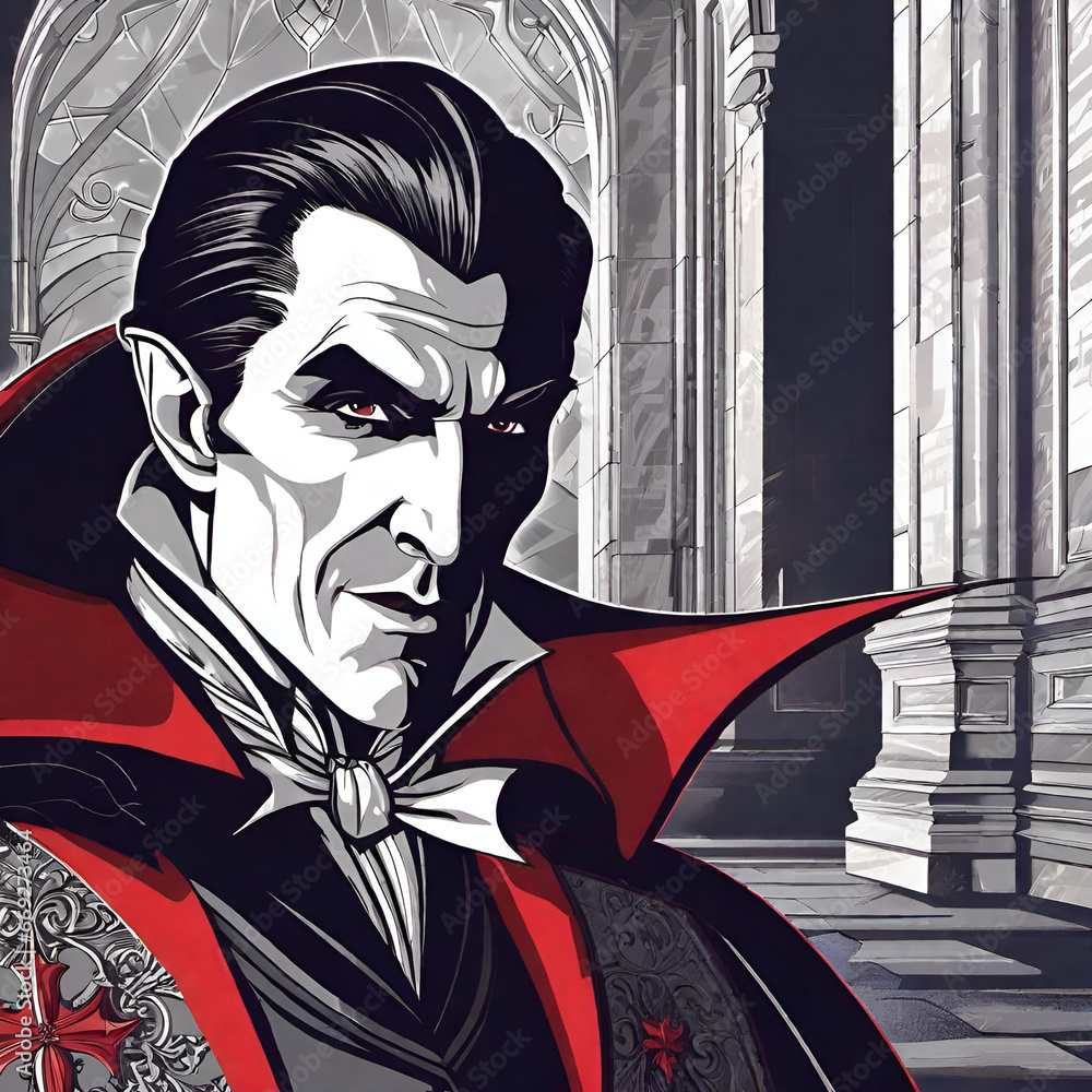 Count Dracula vampire on black and white background wearing red cape ...