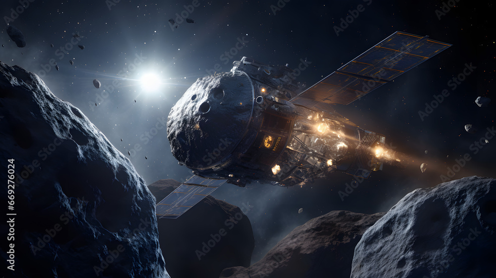 Beautiful Starship Extracting Minerals On An Asteroid Stock Illustration Adobe Stock