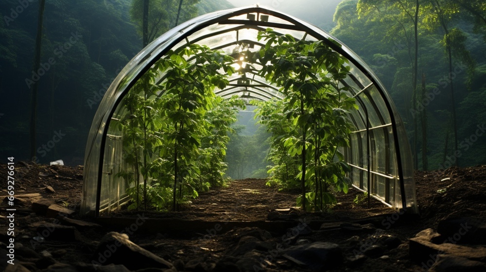 A healthy tree growing inside a greenhouse amidst a deforested area ...