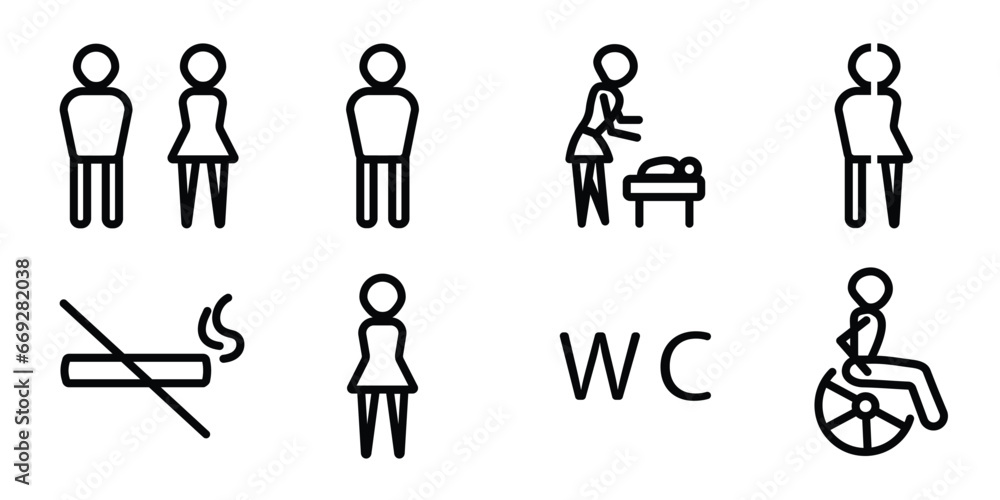 Toilet sign, wc black line icon set, original outline restroom symbols ...