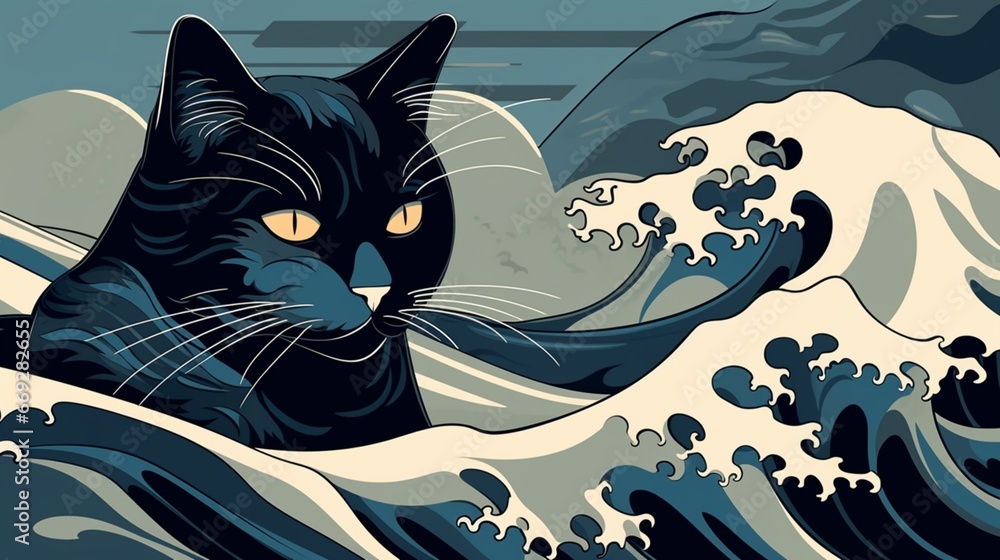 Cat portrait great wave kanagawa stock wallpaper image AI generated art ...