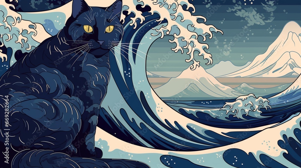 Cat portrait great wave kanagawa stock wallpaper image AI generated art ...