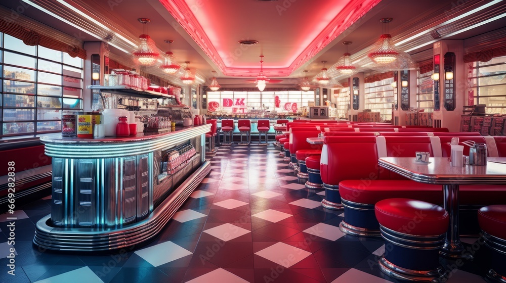 bustling 1950s diner, retro style, checkered floor, chrome fixtures ...