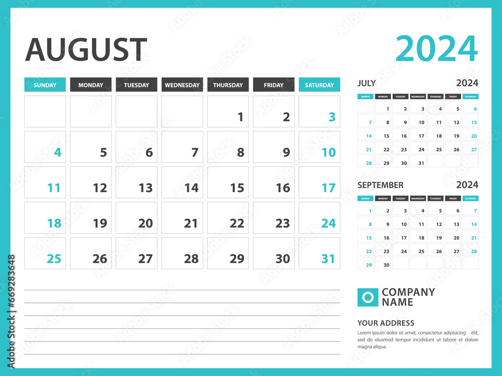 Monthly calendar template for 2024 year. August 2024 year, Week Starts ...