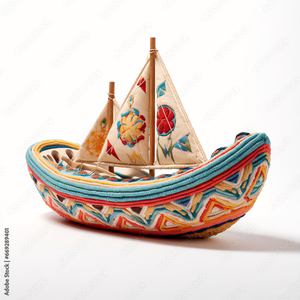 Artistic Plush Boat Toy with Detailed Embroidery and Rich Textures ...