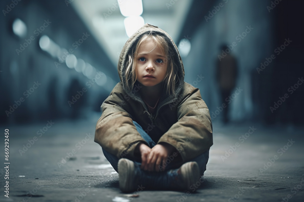 Orphan child. Abandoned street children, homeless, orphans. Lonely and ...