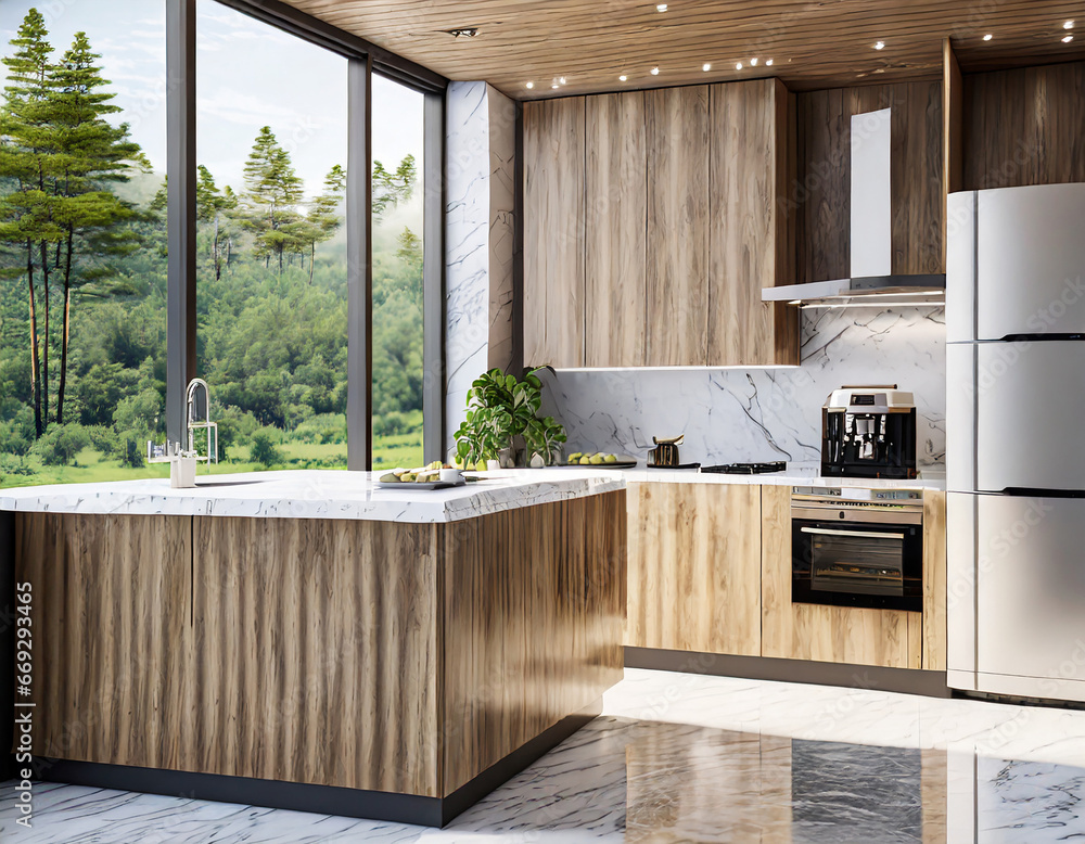 Modern luxury contemporary style u shape kitchen counter design idea 3d ...