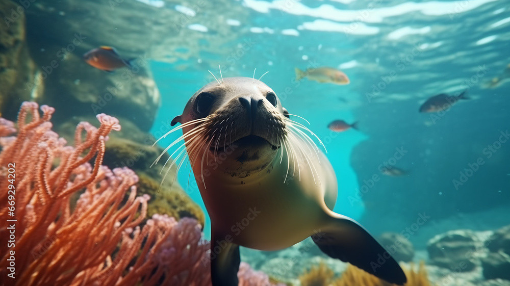 Seal in the ocean, fishes, sea lions, aquatic wildlife, animals ...