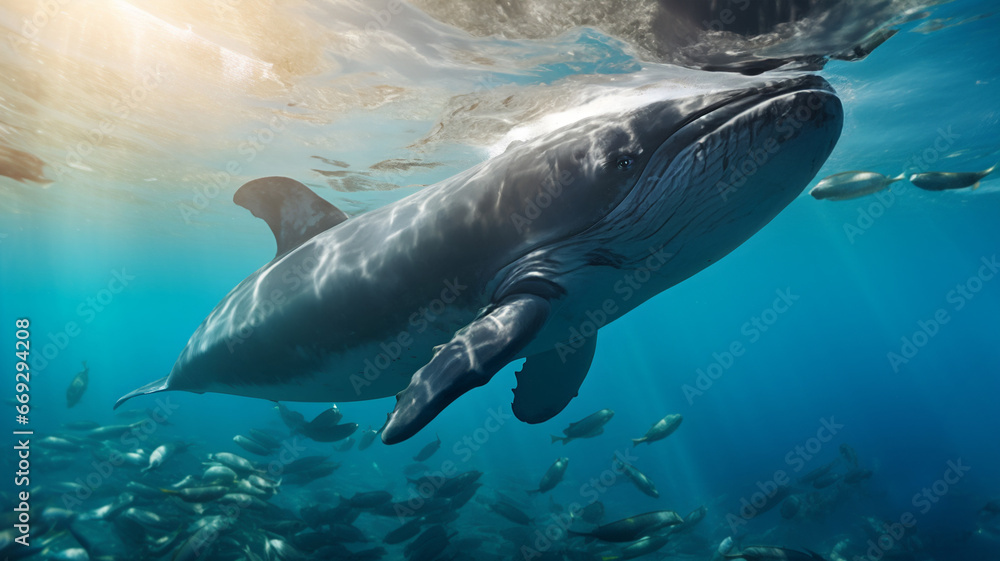 Blue whale swimming in the ocean, whale in the sea, underwater picture ...