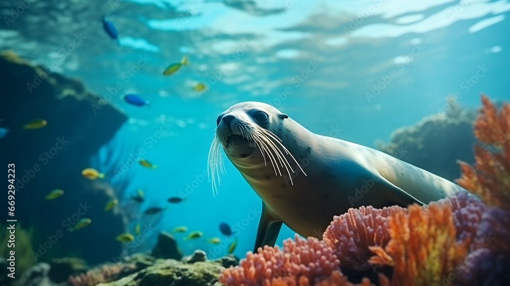 Seal in the ocean, fishes, sea lions, aquatic wildlife, animals ...