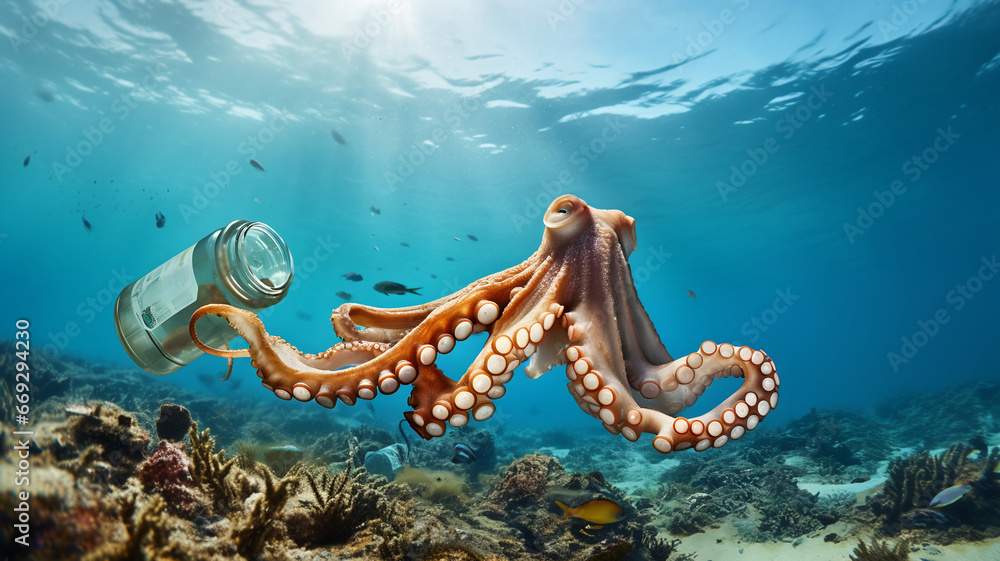 Octopus swimming in a polluted sea, squid, ocean pollution, plastic ...