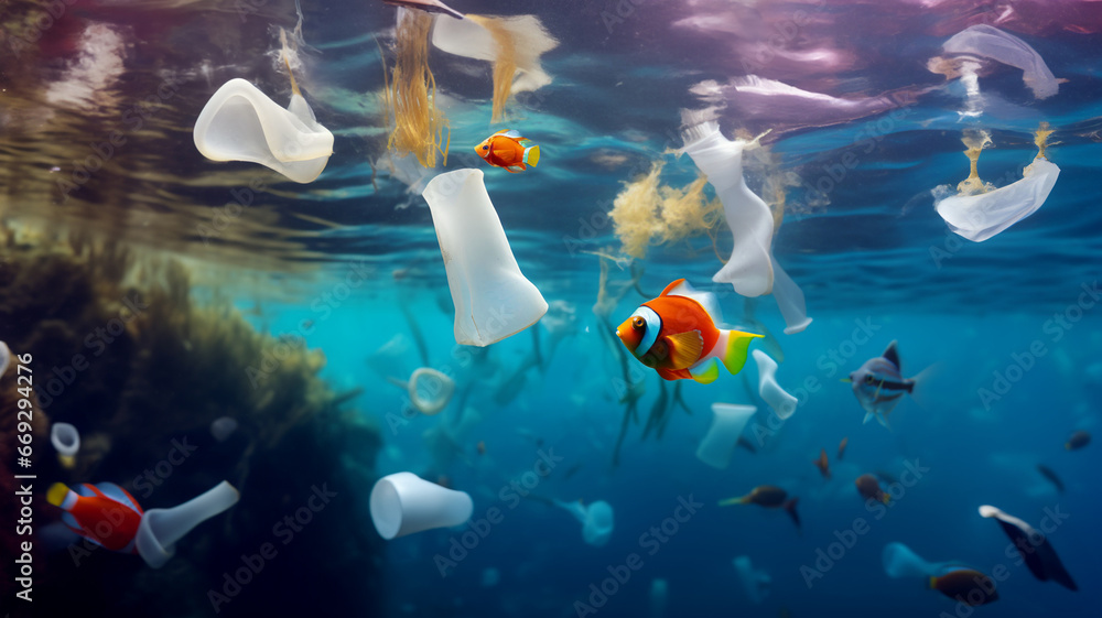 Fish swimming in a polluted sea, pollution, plastic waste in the ocean ...