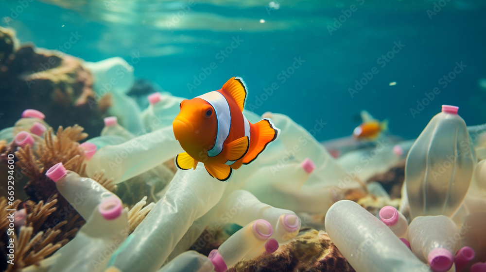 Fish swimming in a polluted sea, pacific ocean, pollution, plastic ...