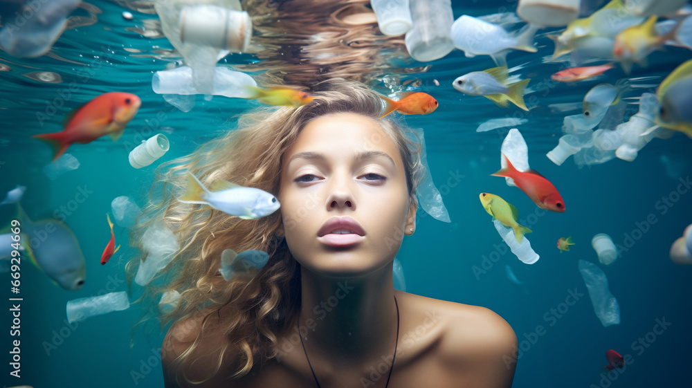 Woman swimming in a polluted sea, sea pollution, ocean pollution ...