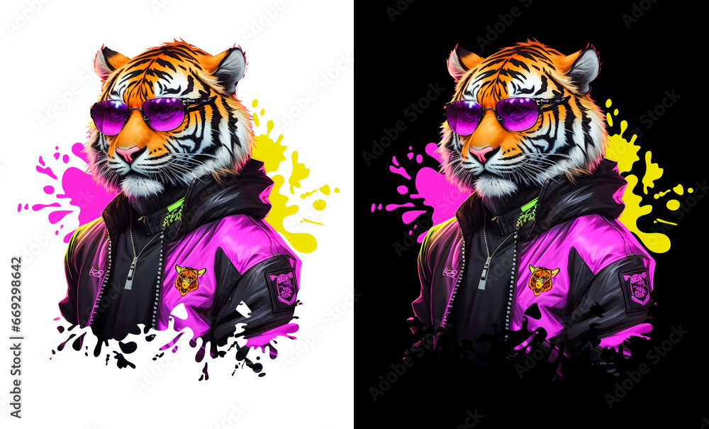 Tiger wearing a pink neon cyberpunk jacket and glasses, isolated ...