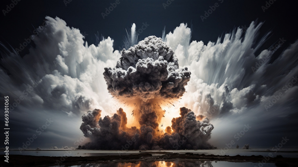 Atomic explosion with clouds over blue sky and black background ...