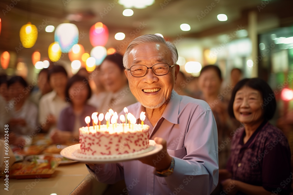 Asian elderly man holding a birthday cake with lots of candles ...