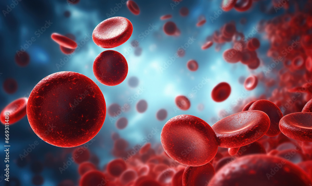Red blood cells in blood flow. Microscope view of hematological cells ...