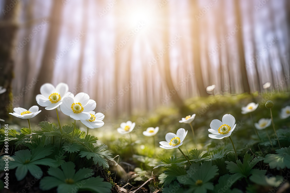 Beautiful white flowers of anemones in spring in a forest close-up in ...