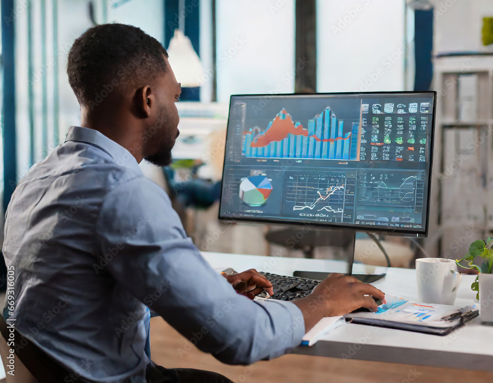 Analyst Works on Personal Computer Showing business analytics dashboard ...